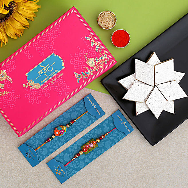 Rectangular And Oval Floral Rakhi Set With Kaju Katli usa | Gift ...