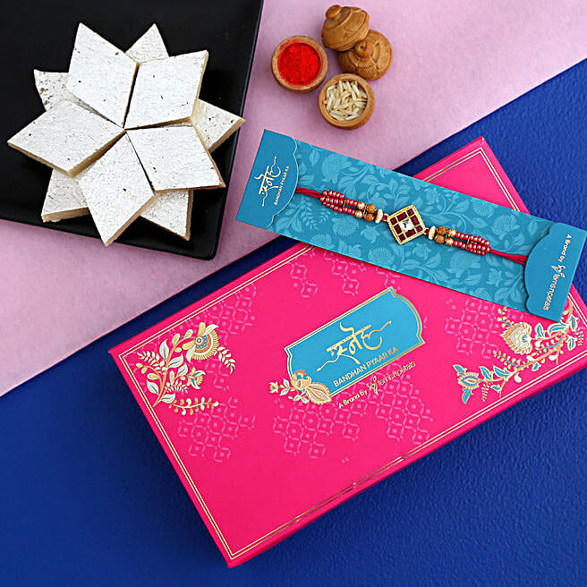 Square Stone American Diamond Rakhi With 340 Gms Kaju Katli usa | Gift ...