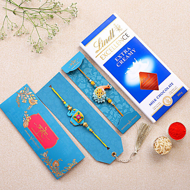 Blue Elephant And Peacock Rakhi Set With Lindt usa | Gift Blue Elephant ...