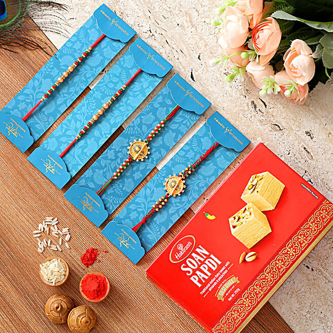 Pearl Mauli Rakhi Set And Bansuri Rakhi With Soan Papdi usa | Gift ...