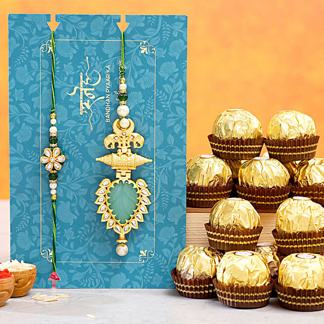 Ornamental Leaf Lumba Rakhi Set With 12 Pcs Ferrero Rocher usa | Gift ...