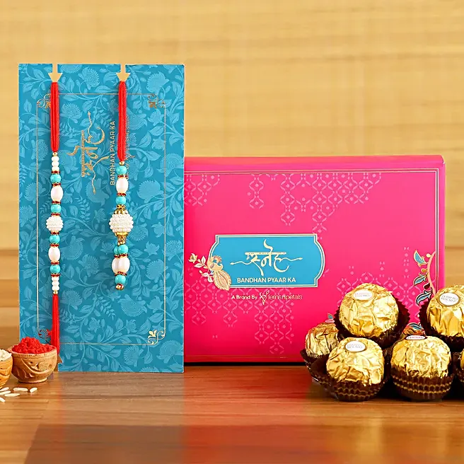 Blue Pearl And Lumba Rakhi Set With 3 Ferrero Rocher usa | Gift Blue ...