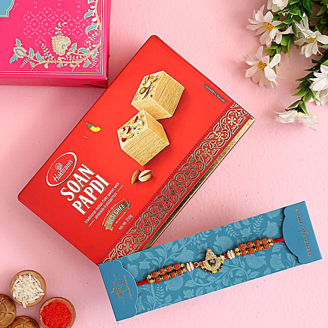 Divine Balaji Rudraksha Rakhi With 250 Gms Soan Papdi Exp usa | Gift ...