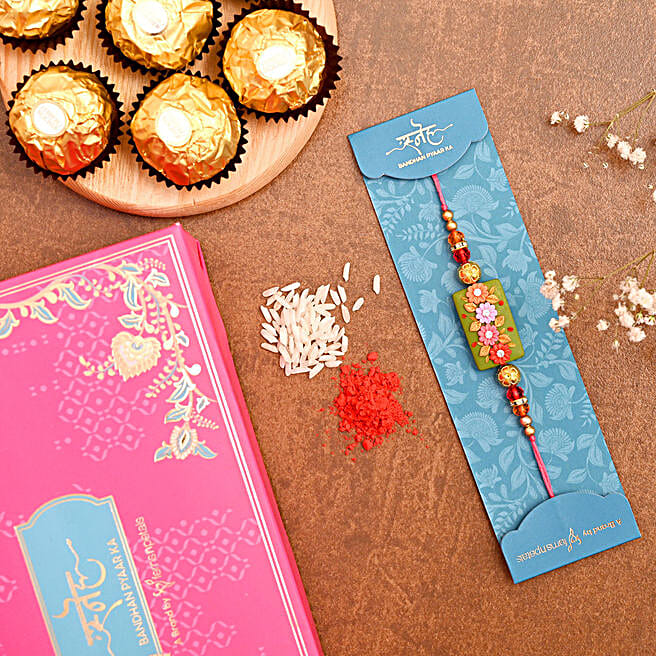 Rectangular Floral Kids Rakhi And 3 Pcs Ferrero Rocher Exp usa | Gift ...