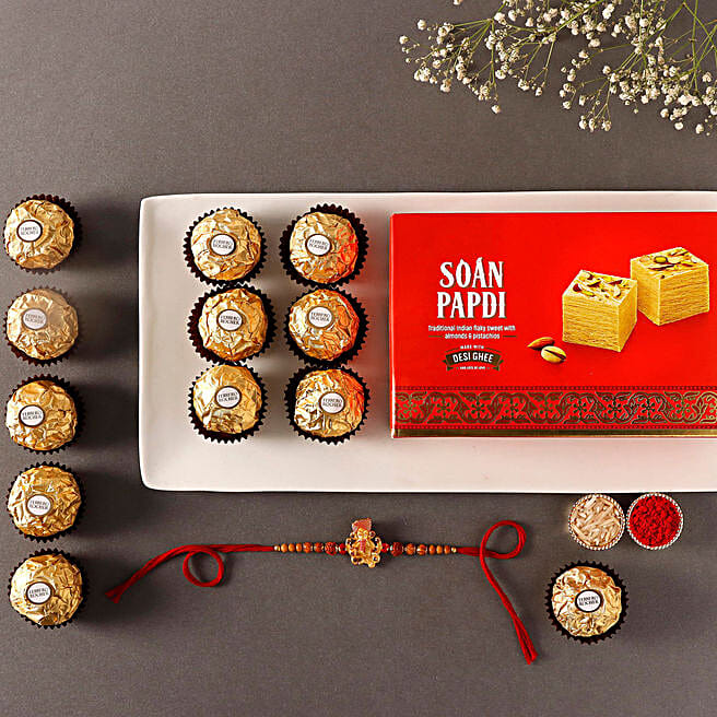 Sneh Antique Rakhi With Soan Papdi & Ferrero Rocher usa | Gift Sneh ...