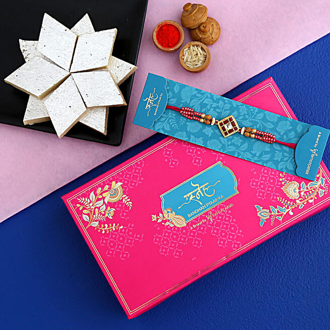 Square Stone American Diamond Rakhi With 340 Gms Kaju Katli Exp usa ...